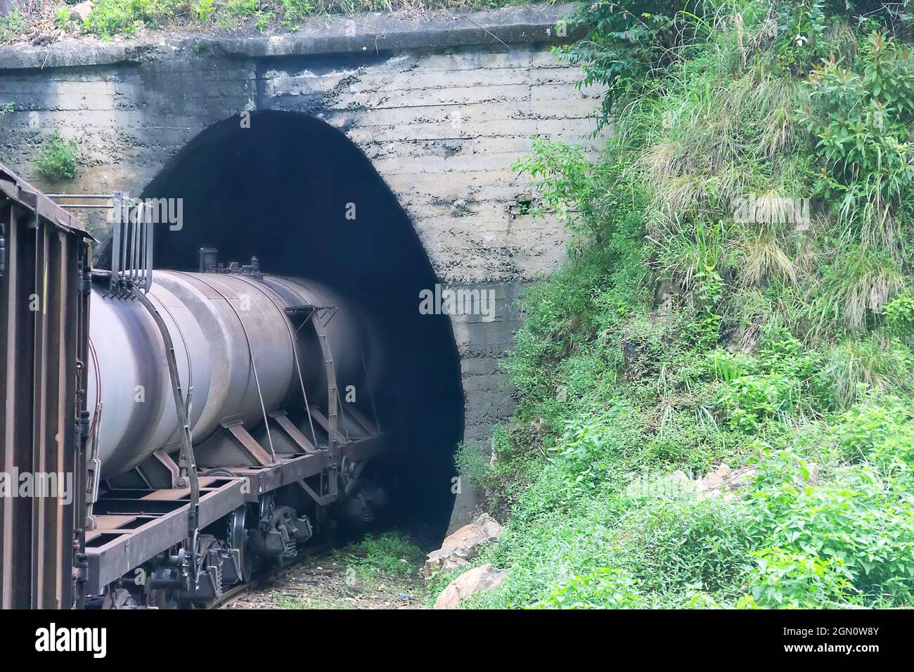 Set of tanks with oil and fuel transport by rail. Freight cars and ...