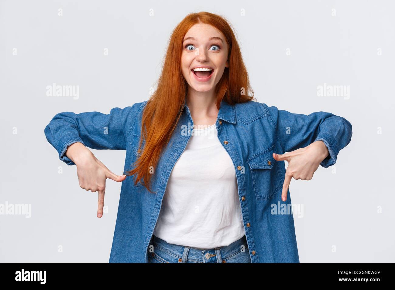 Waist-up portrait happy, lucky redhead girl winning prize, achieve goal ...