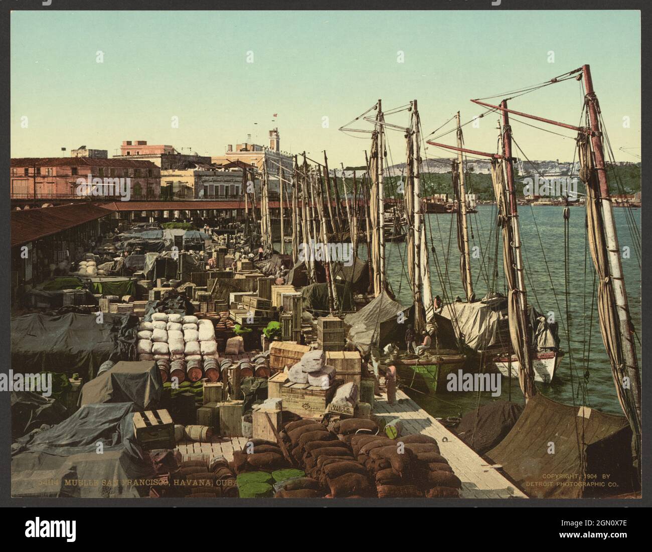 Muelle San Francisco, harbor with sailing boats and cargo c. 1904 ...