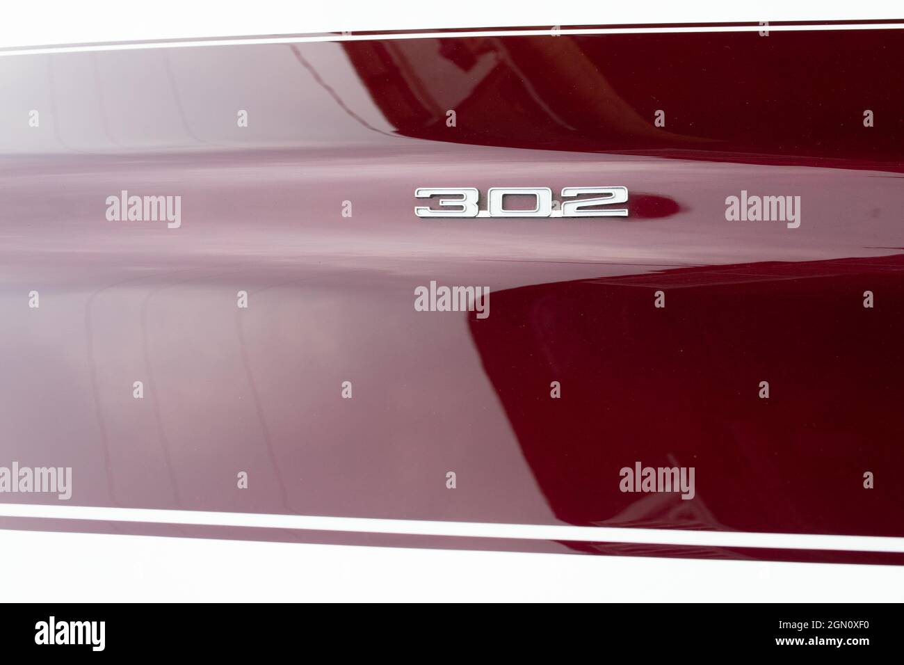 Virginia City, NV - July 31, 2021: 302 engine hood emblem detail on a ...