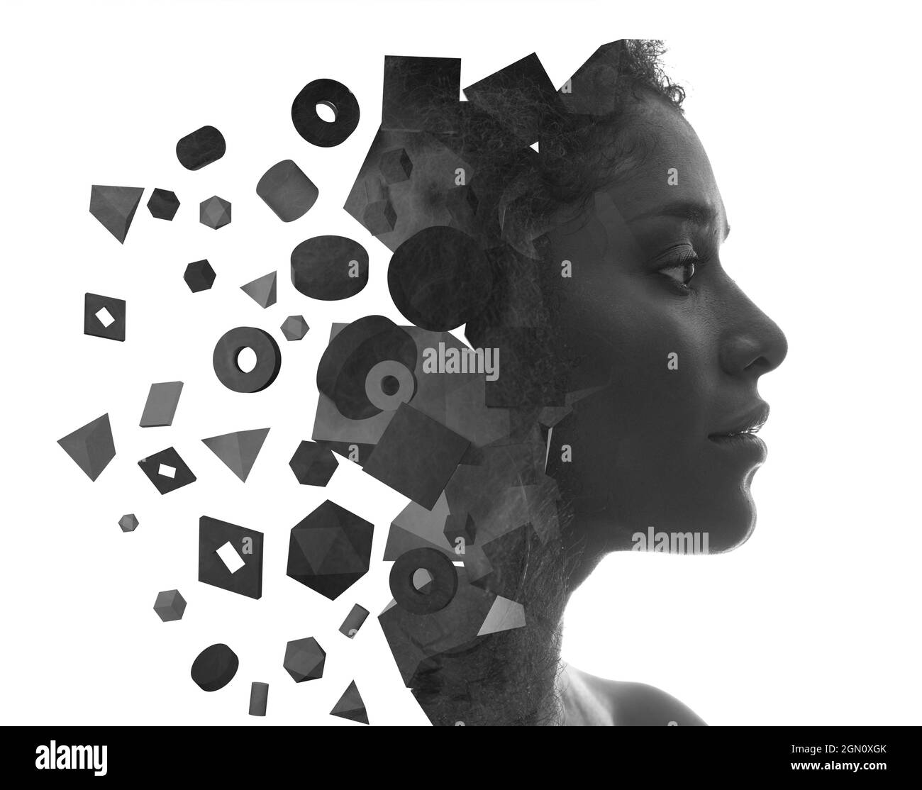 A black and white profile portrait of a woman combined with geometric ...