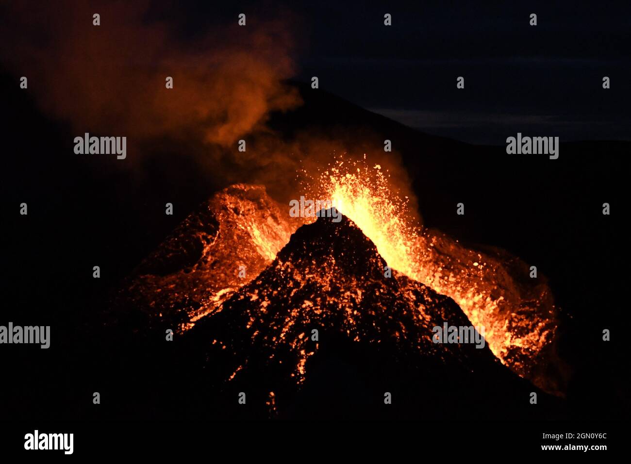 Eruption at Fagradalsfjall, Iceland. Incandescent lava is erupted from ...