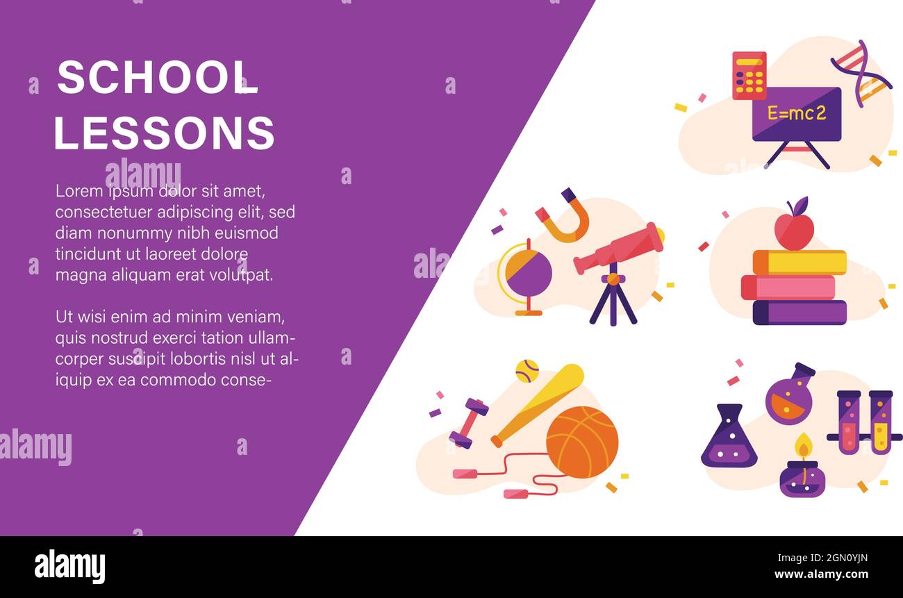 Vector illustration of school lessons icons on purple white background ...