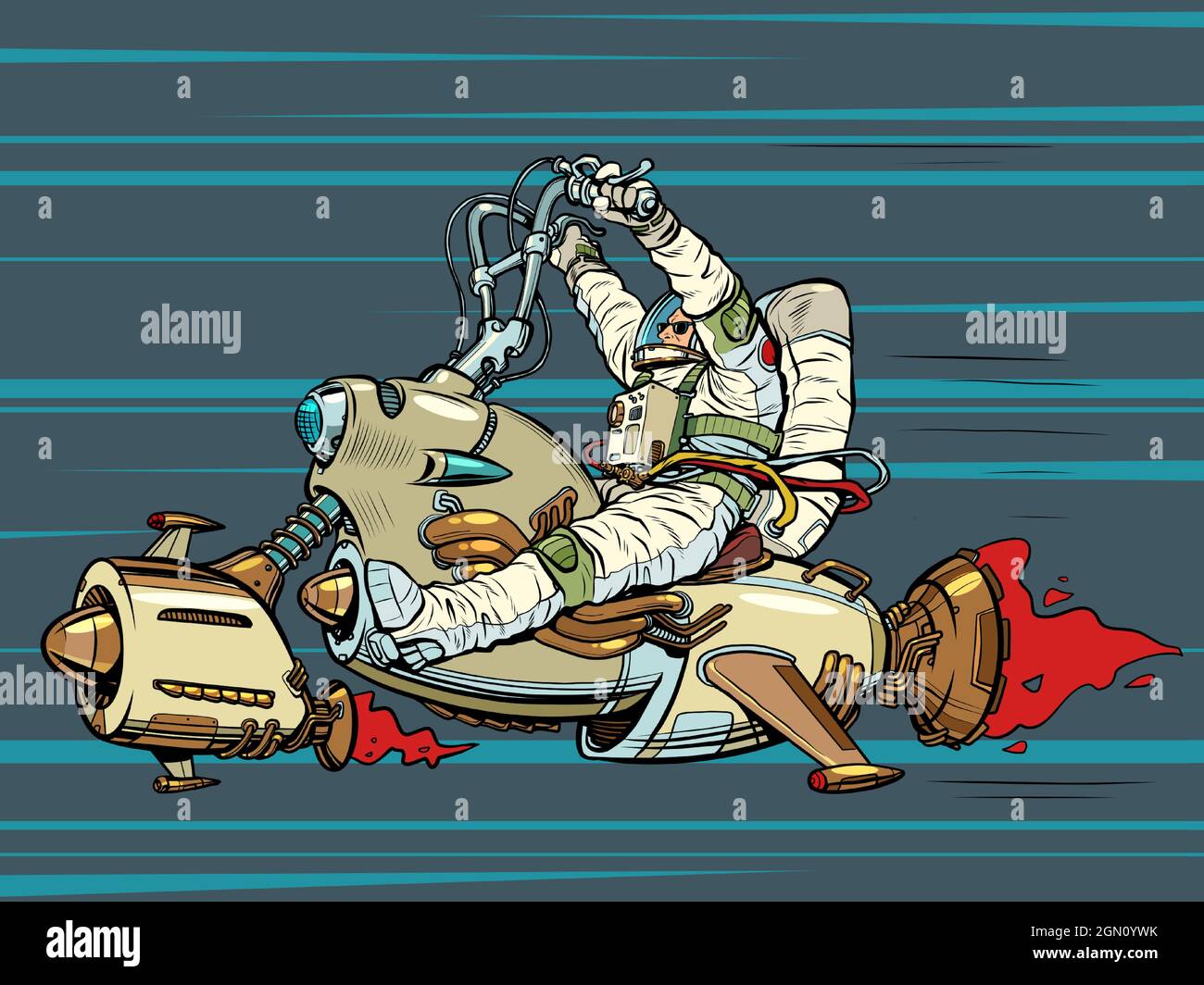 Space biker. An astronaut is flying on a jet-powered flying analogue of ...