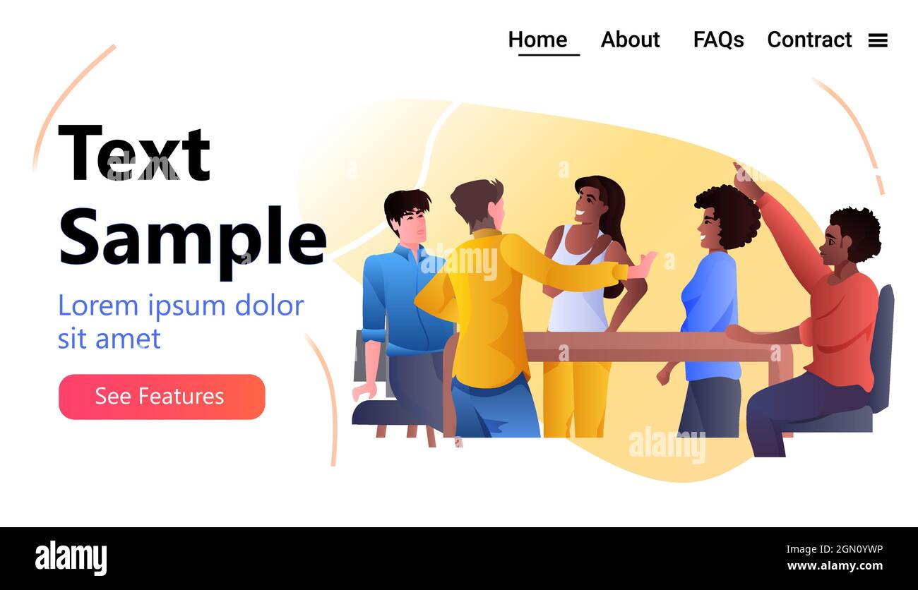 mix race friends discussing during meeting at round table communication ...