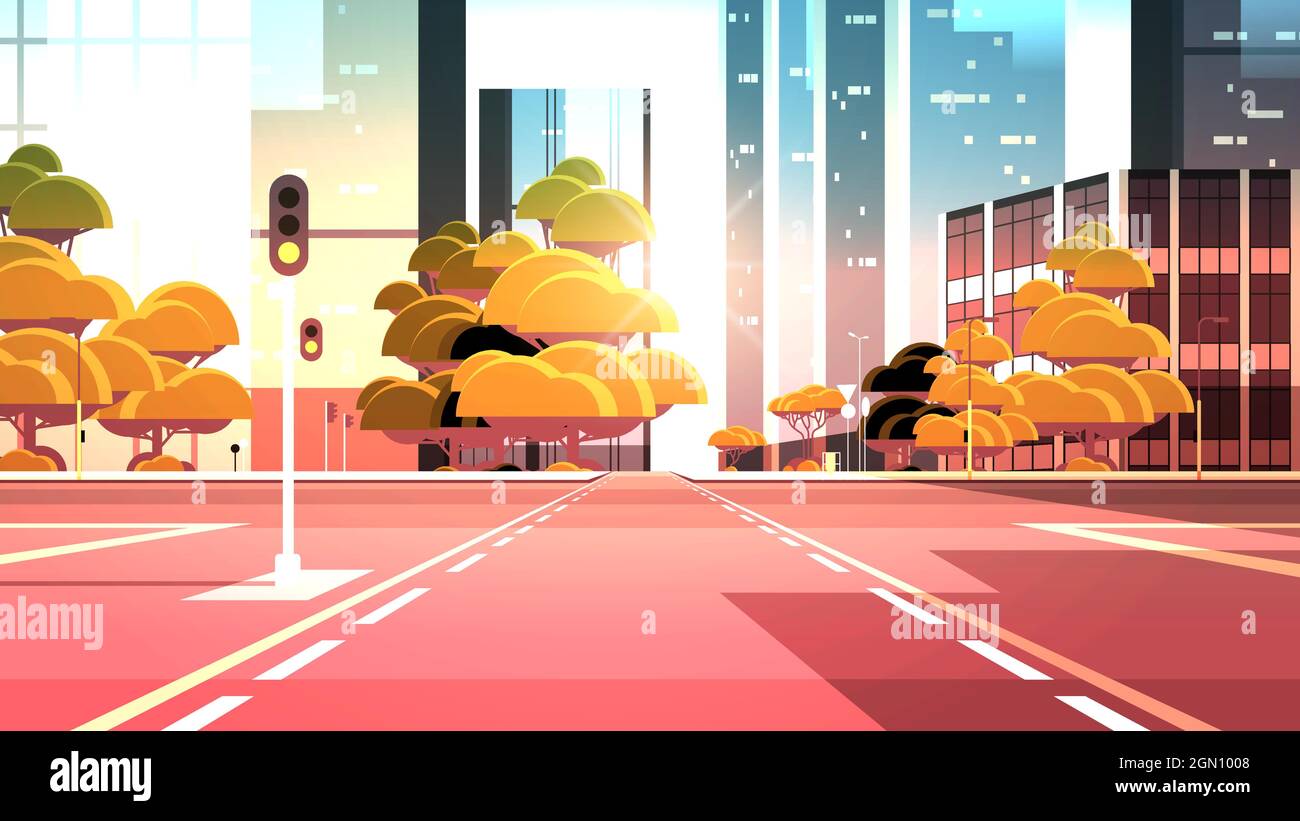 empty street road with crossroad and traffic lights city buildings ...