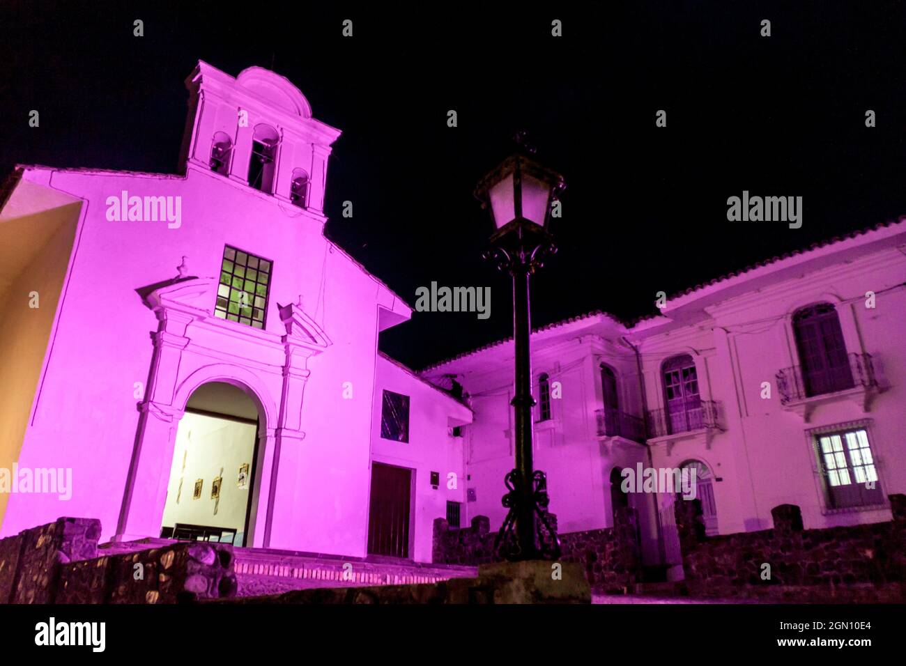 Colorfuly illuminated La Ermita church in colonial city Popayan ...