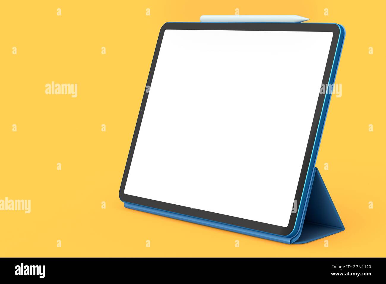 Computer tablet with blue cover case and pencil isolated on orange ...