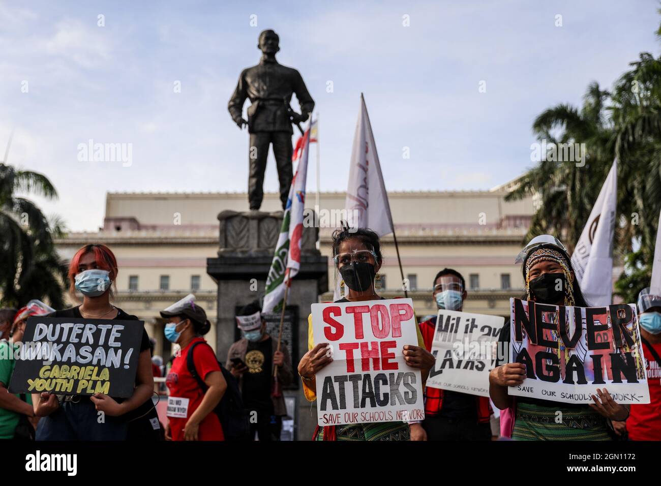 September 21, 2021: Filipino activists hold signs during a protest in ...