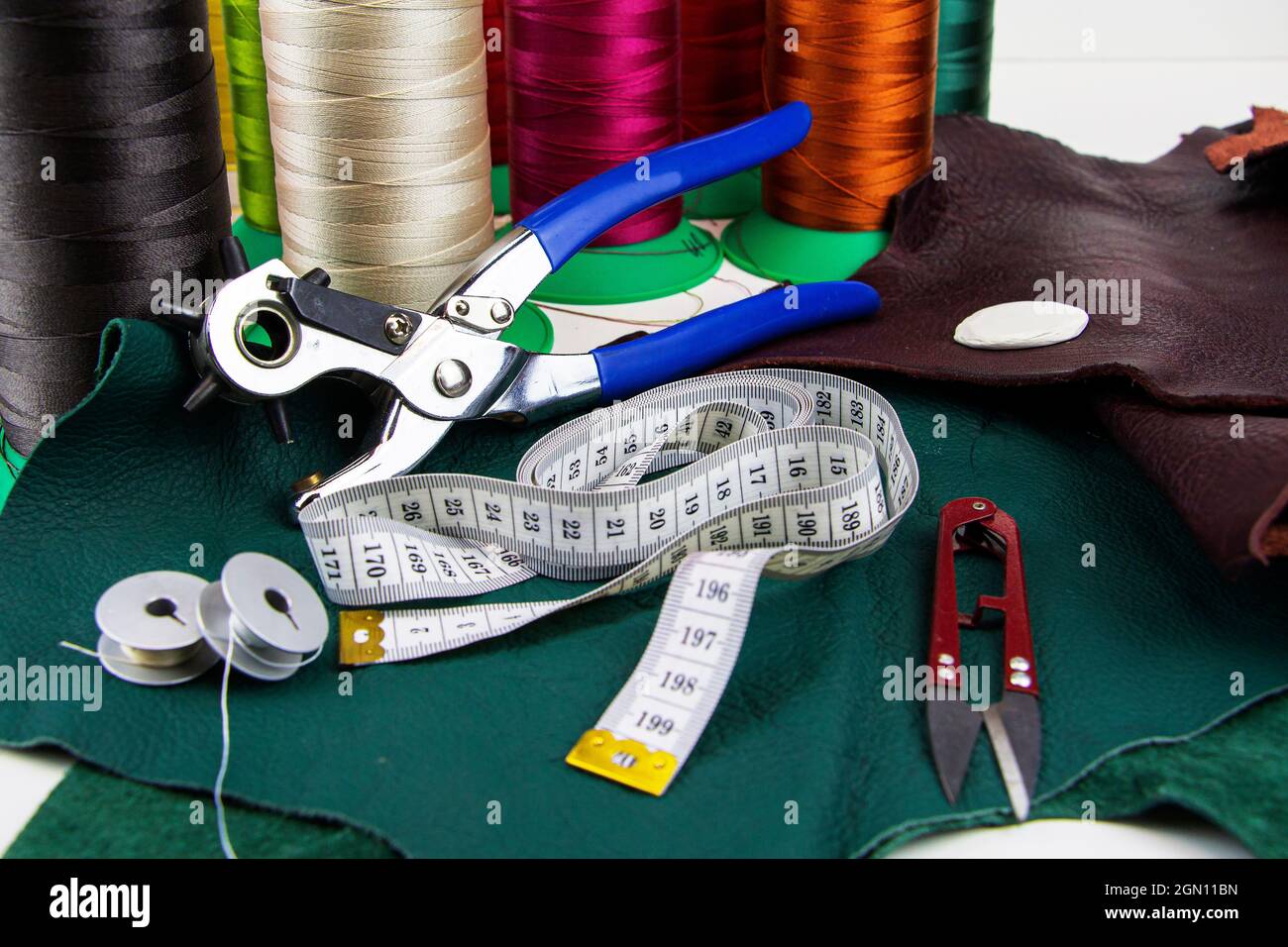A piece of leather with scissors, needles, chalk Stock Photo - Alamy