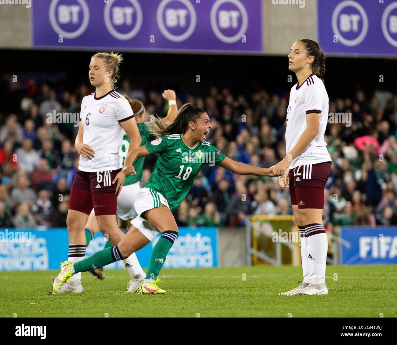 Northern Ireland's Louise McDaniel (centre) celebrates after scoring ...