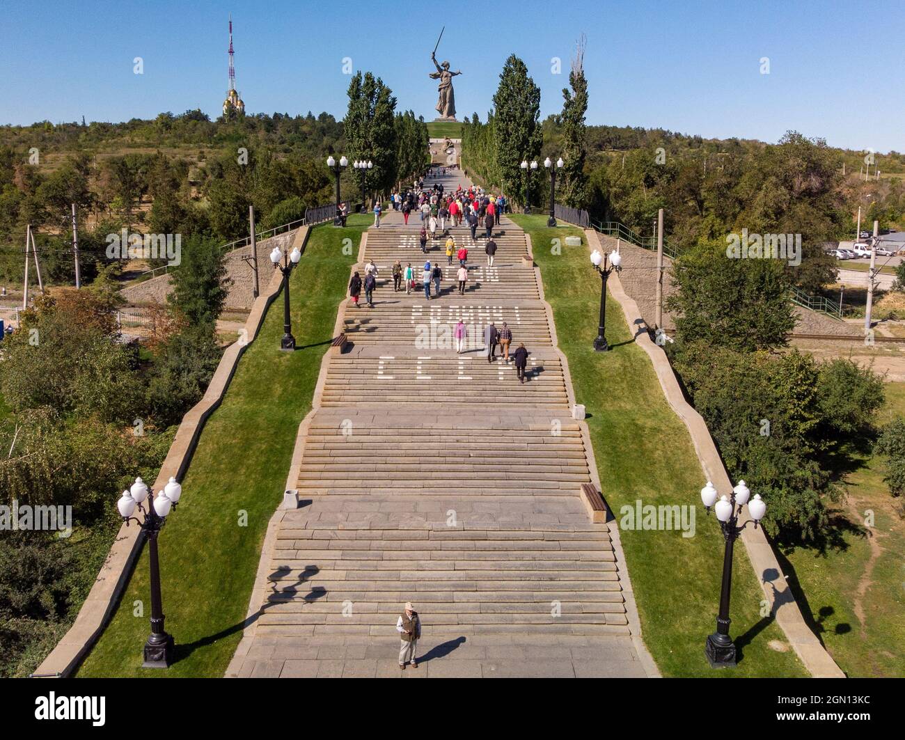 Running view of the stairs leading to the Mamayev Kurgan memorial ...
