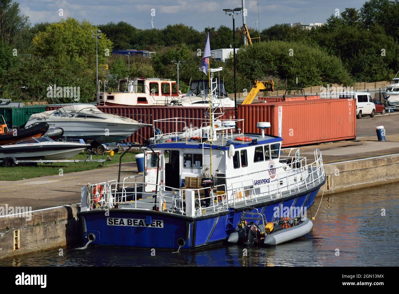 Greenpeace support vessel SEA BEAVER arriving in London in preparation ...
