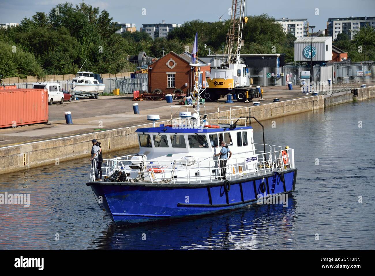 Greenpeace support vessel SEA BEAVER arriving in London in preparation ...