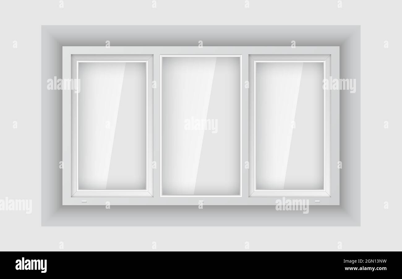 Large triple plastic window on white wall. Realistic plastic window ...