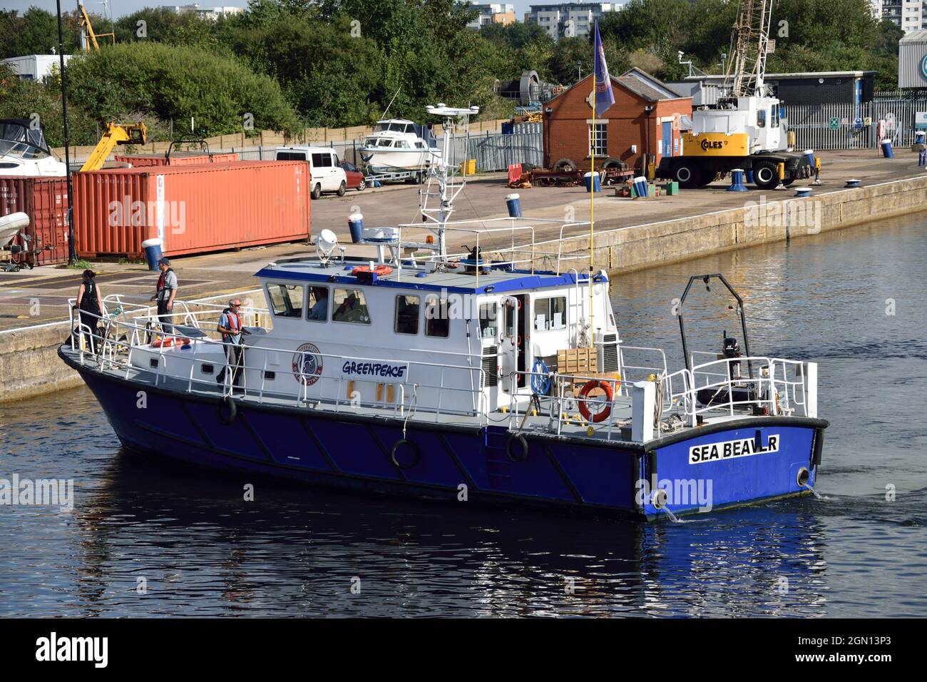 Greenpeace support vessel SEA BEAVER arriving in London in preparation ...