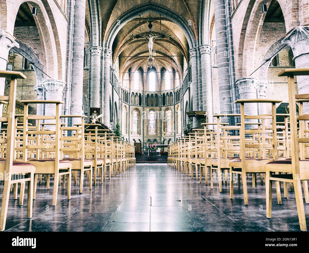 Hall of the famous historic Church of Our Lady in Belgium with gothic ...