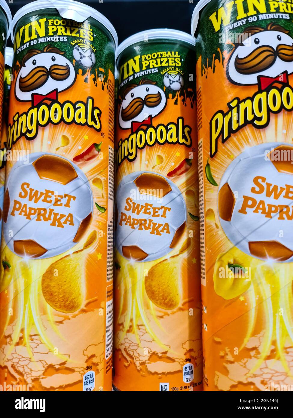 KIEL, GERMANY - Aug 30, 2021: The packages of crispy chips of the brand ...