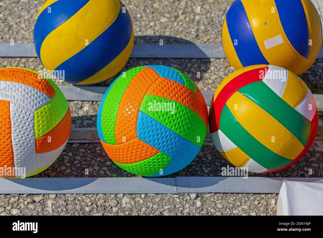 Many Colourful Volleyball Sport Balls at Sunny Day Stock Photo - Alamy