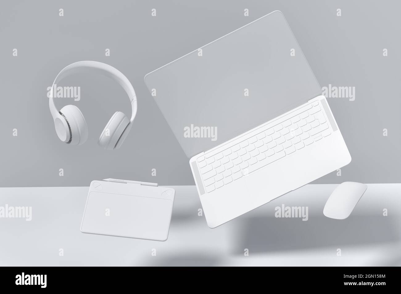 Realistic monochrome laptop with graphic tablet, mouse and headphones ...