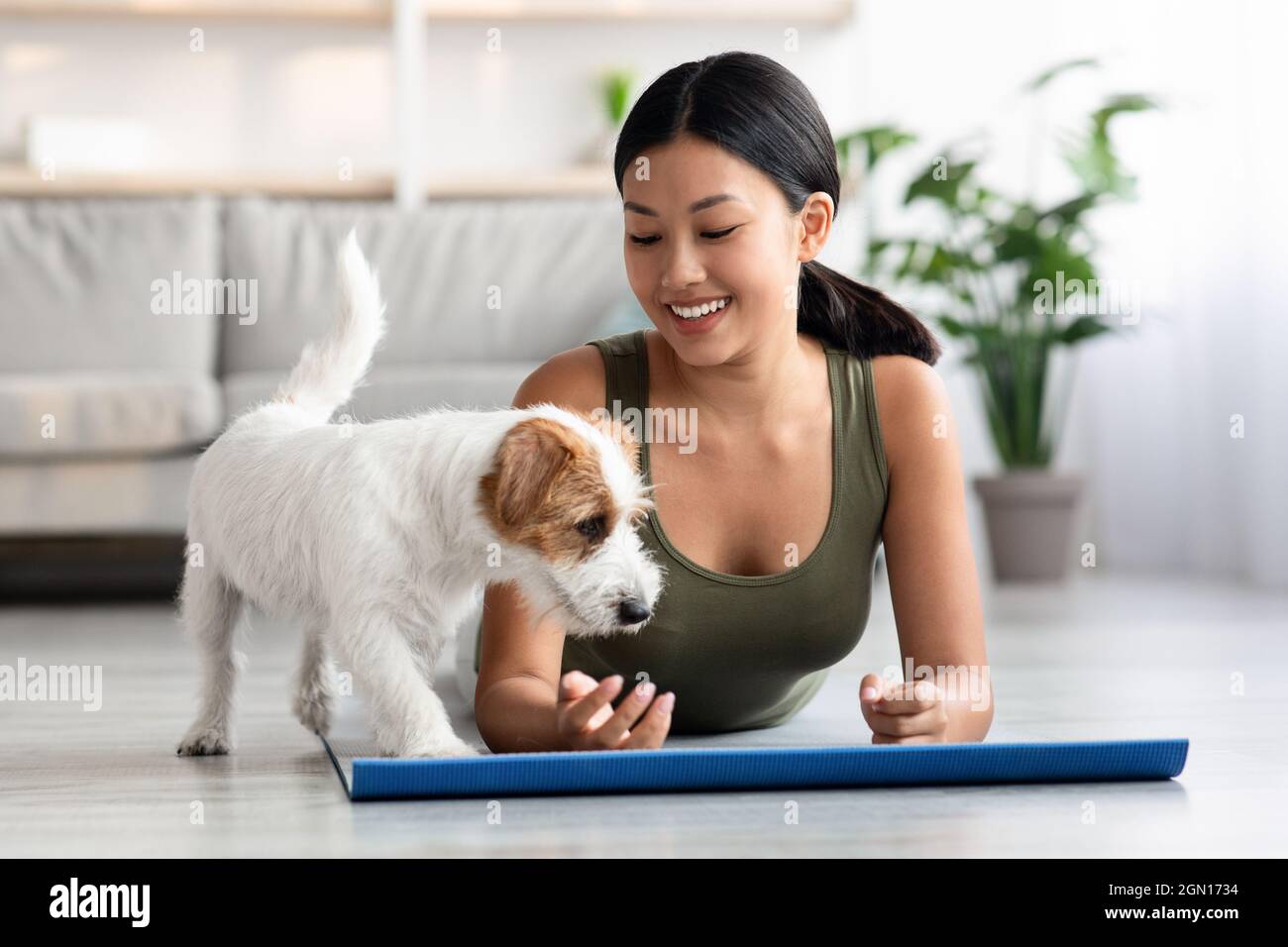 Fluffy puppy exercising with its owner sporty asian lady Stock Photo ...