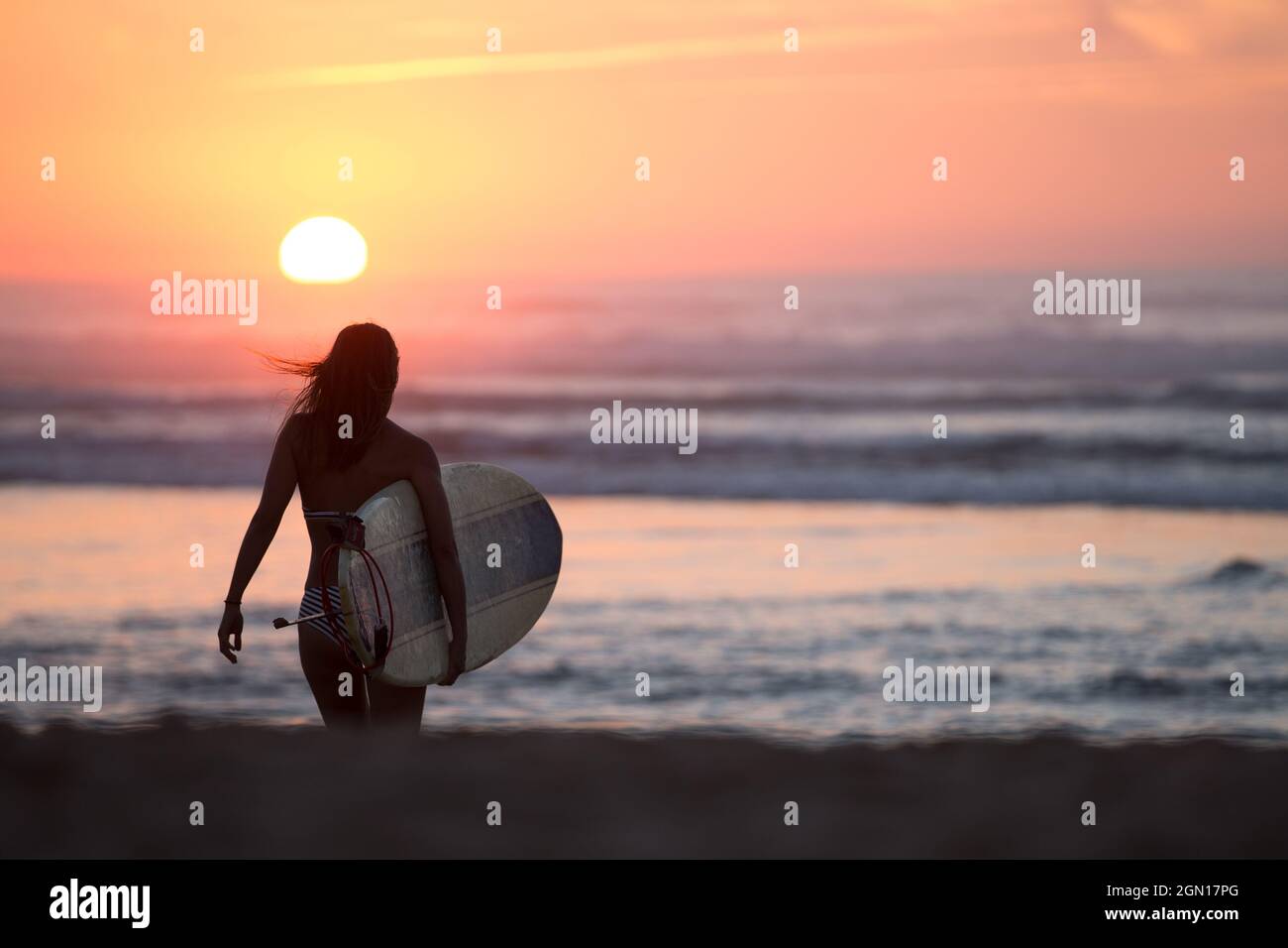 Female surfer goes with surfboard on the beach in sunset, surfing ...