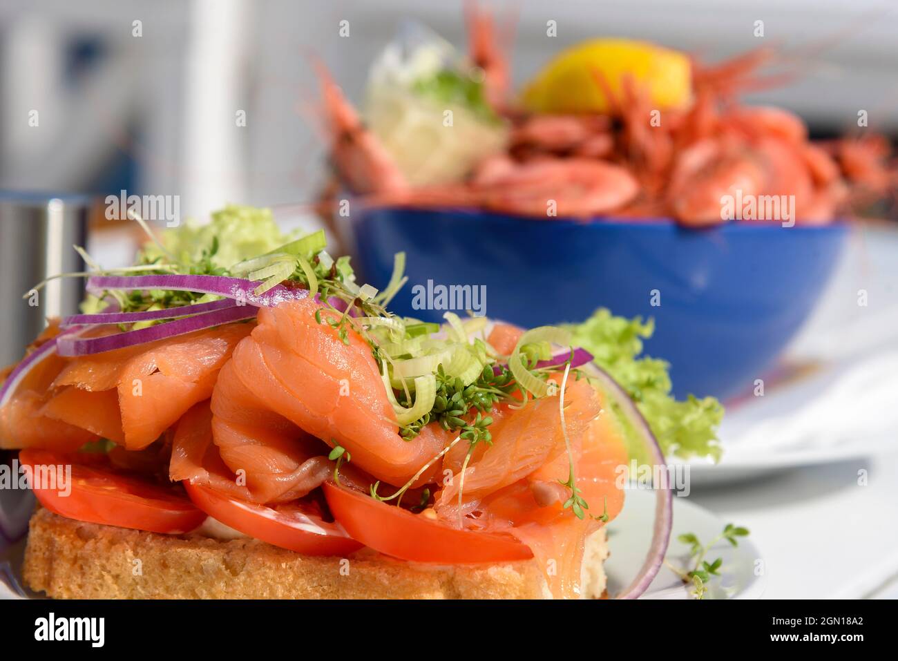 Fresh shellfish as a meal in the Ravnkloa fish hall, Trondheim, Norway ...