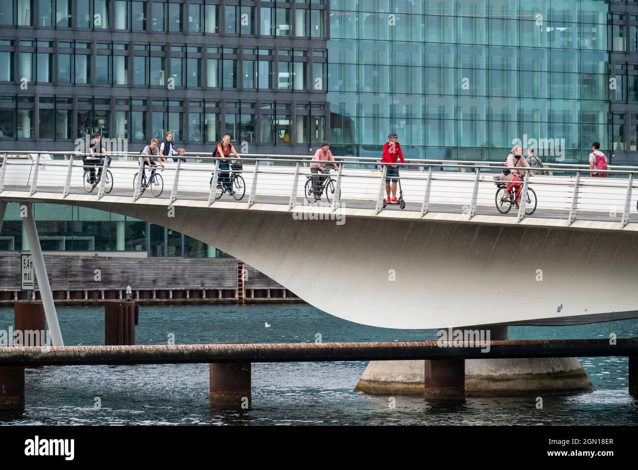 Cyclists on the Bryggebroen cycle and footpath bridge over the harbour ...