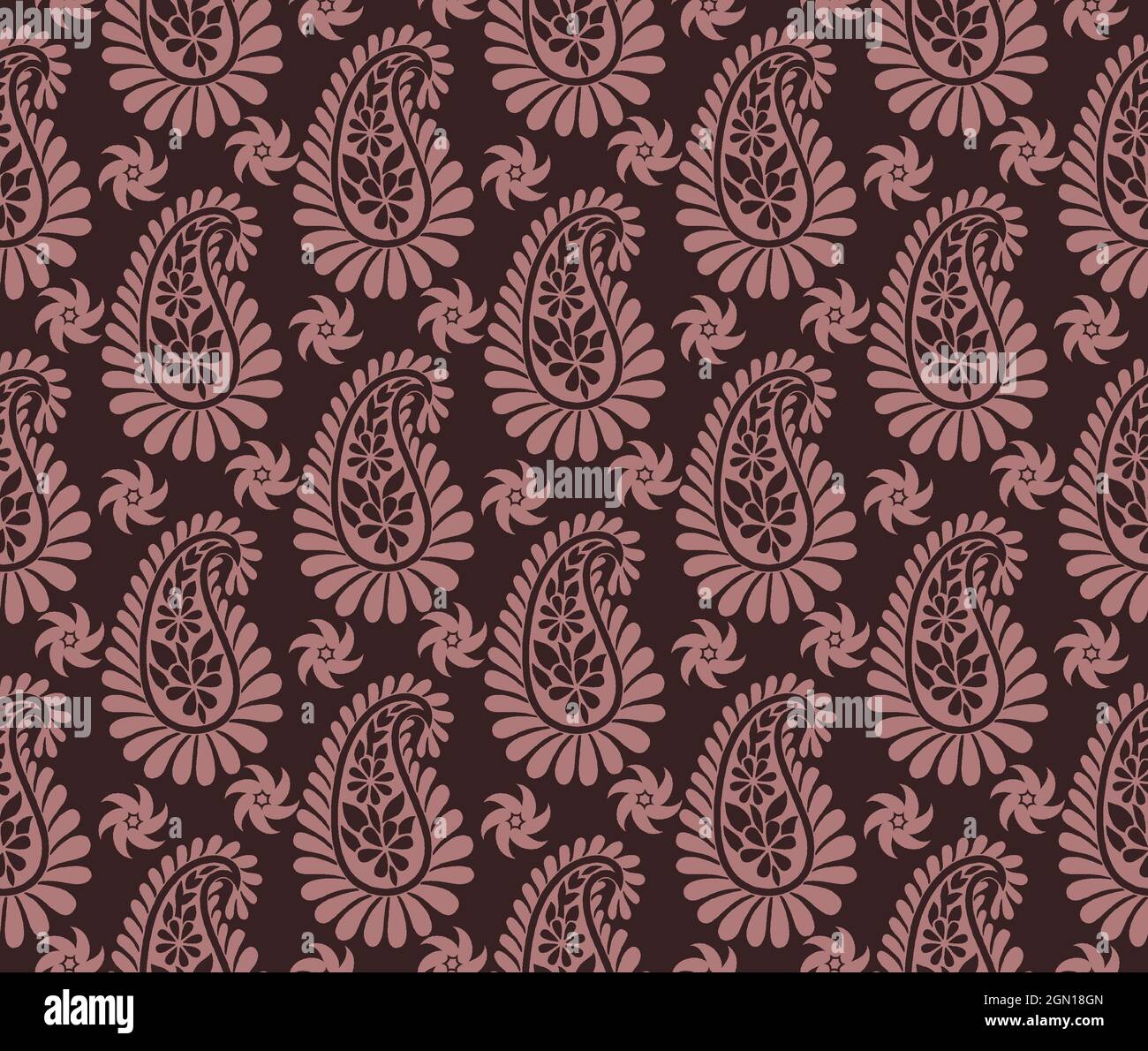 2D illustration of a beautiful pink and brown paisley sealmess pattern ...