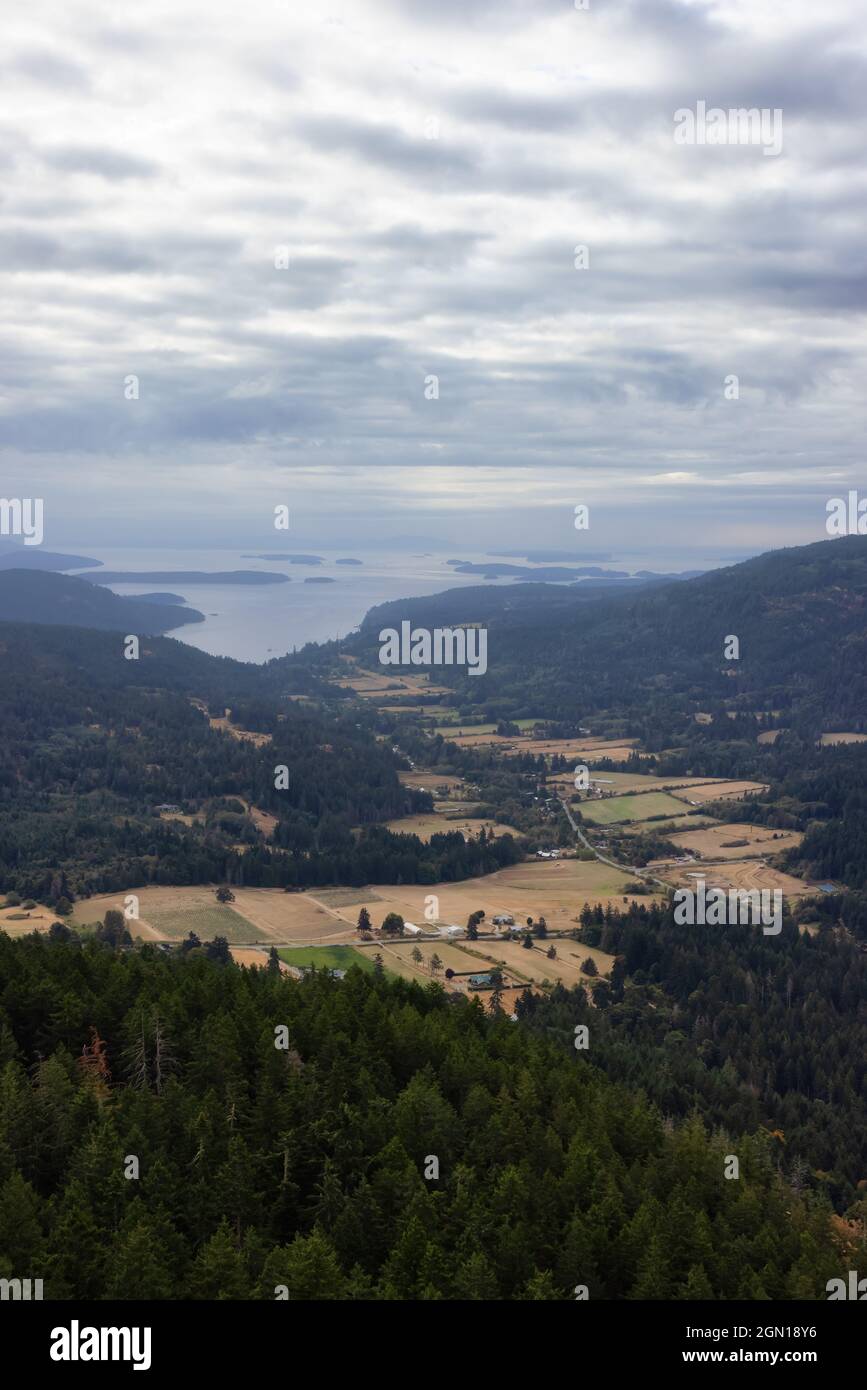 View of Salt Spring Island and farms from the top of Mt. Maxwell Stock ...