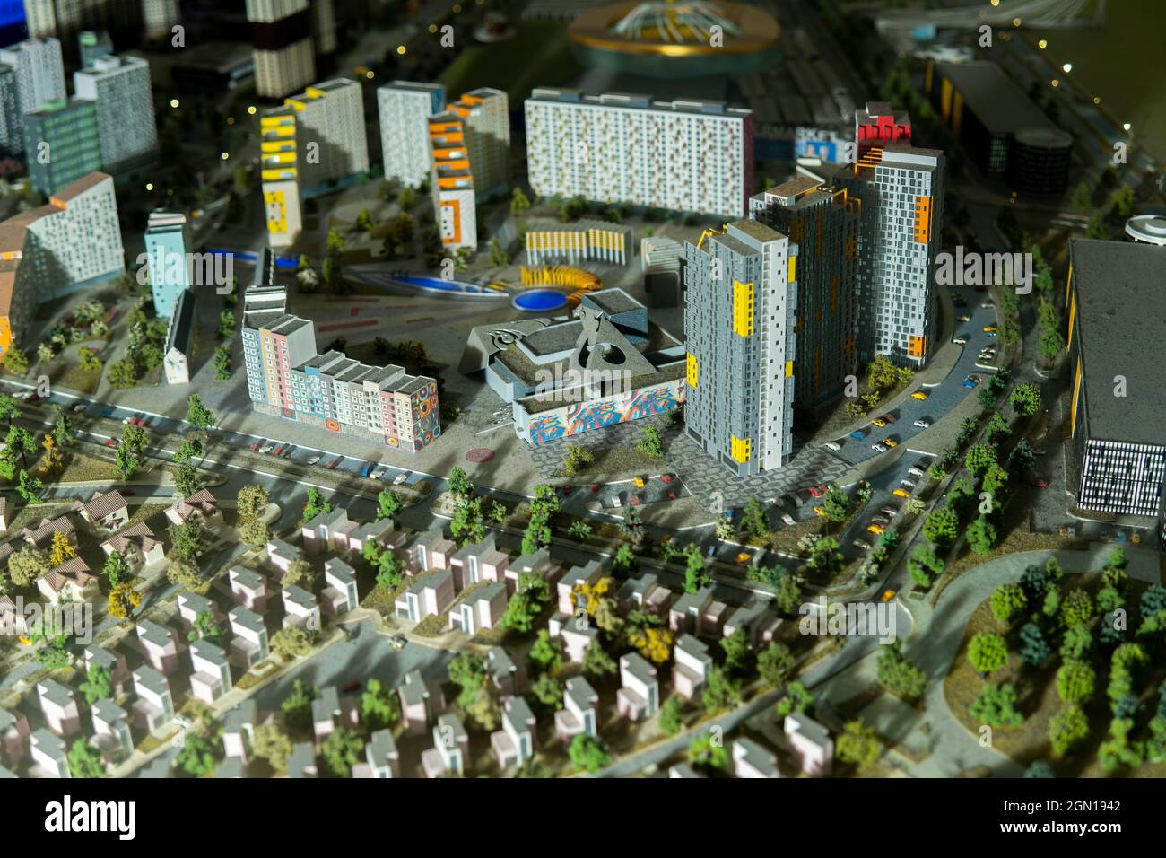 miniatures layout of a city block with multi-storey buildings and ...