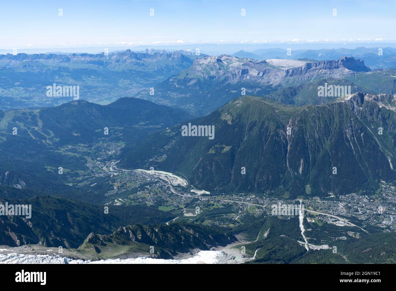 Aerial view from aiguille du midi on European Alps and Chamonix in the ...