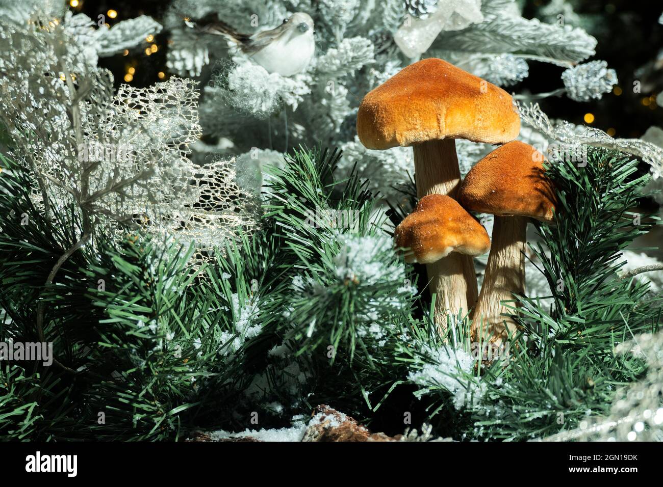 puppet mushrooms in a fairy snowy forest. Christmas installation Stock ...