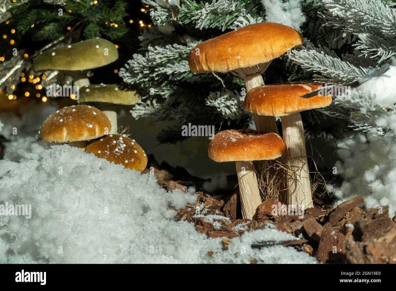puppet mushrooms in a fairy snowy forest. Christmas installation Stock ...