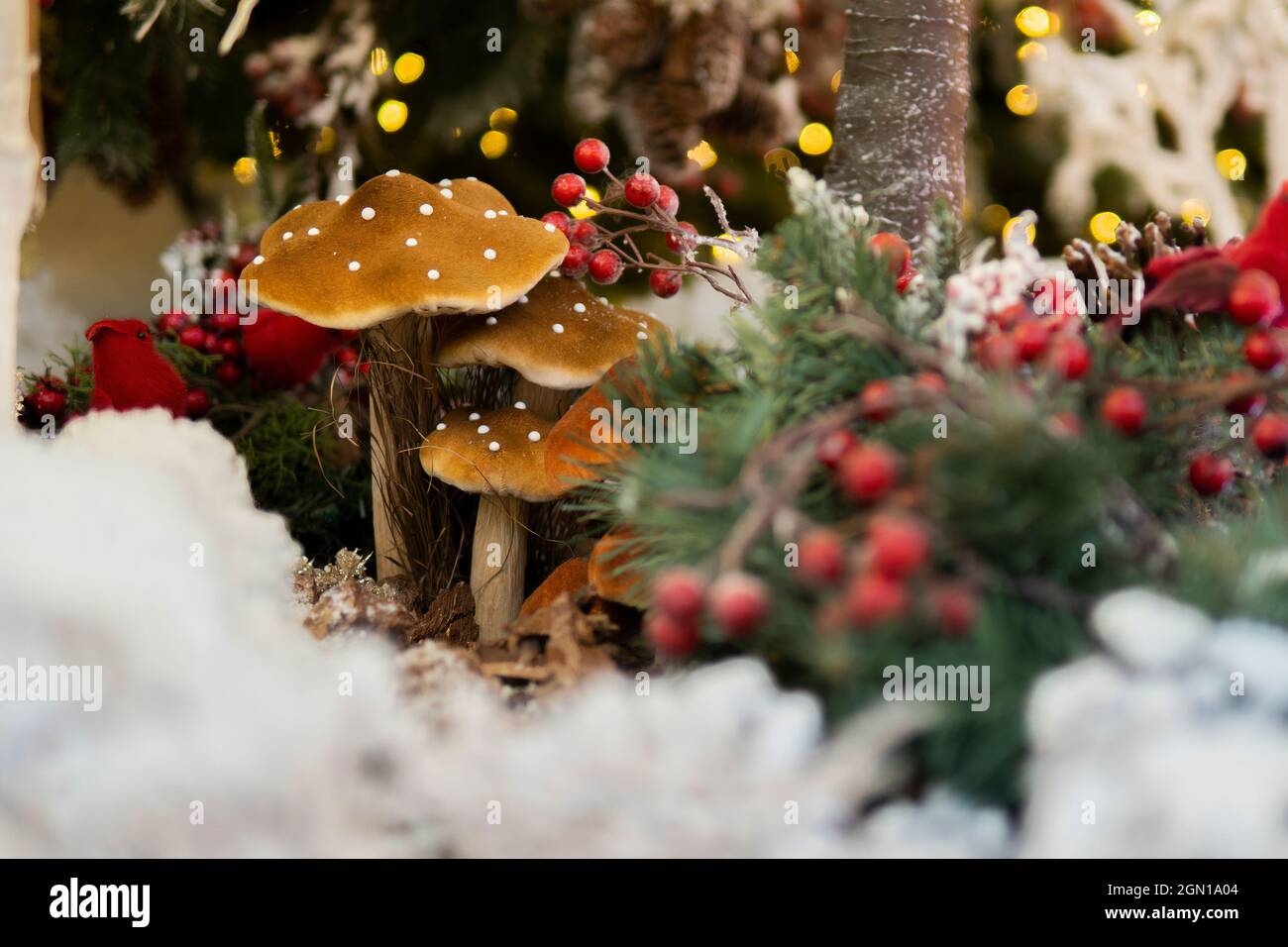 puppet mushrooms in a fairy snowy forest. Christmas installation Stock ...