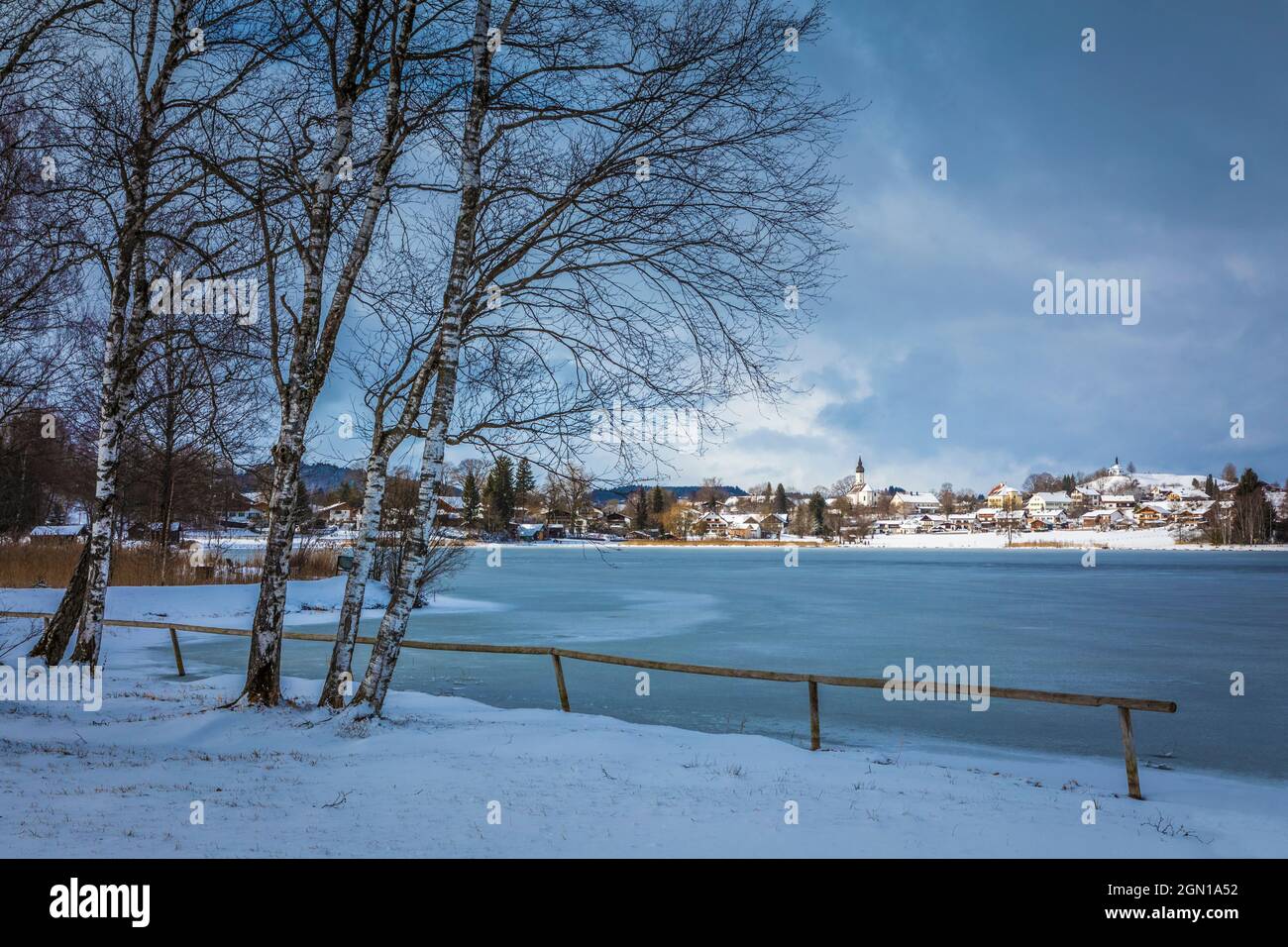 Frozen Lake Bayersoien, Bad Bayersoien, Upper Bavaria, Bavaria, Germany ...