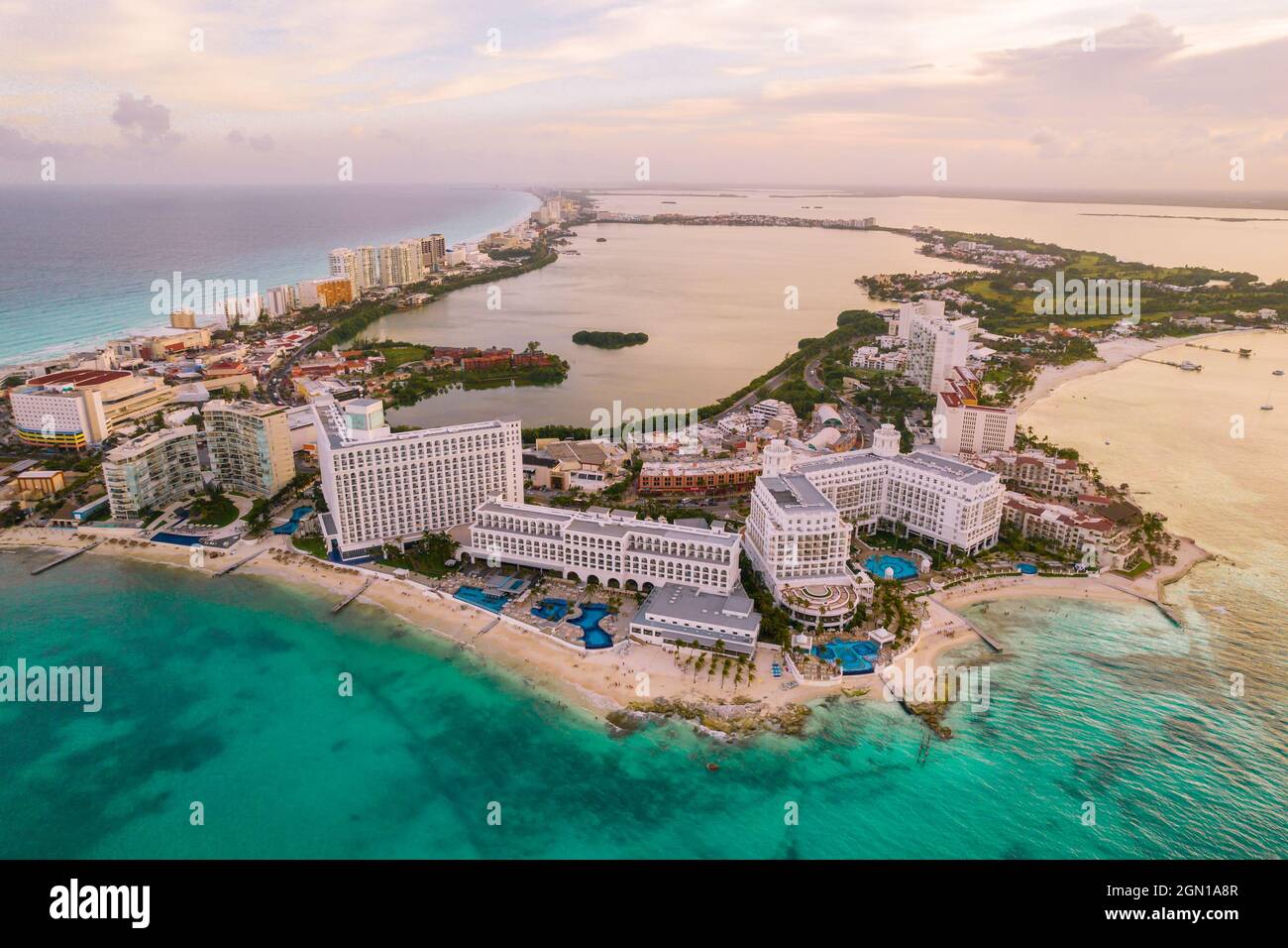Aerial panoramic view of Cancun beach and city hotel zone in Mexico ...