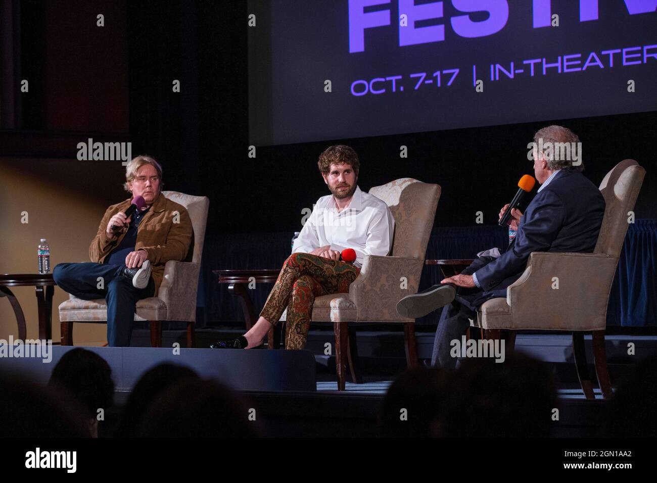 Stephen Chbosky, Mark Fishkin and Ben Platt seen onstage during a Q&A ...