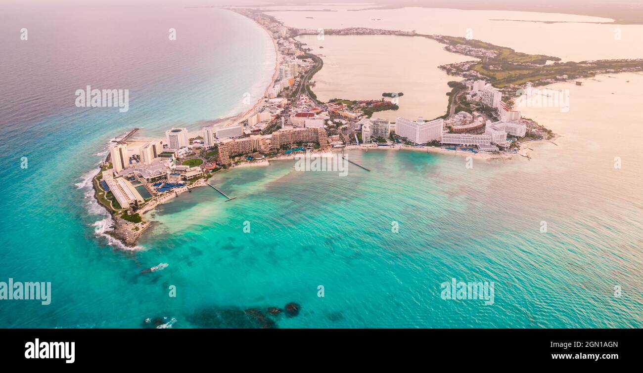 Aerial panoramic view of Cancun beach and city hotel zone in Mexico ...