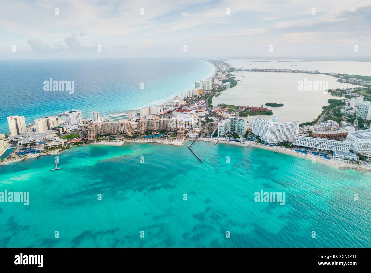 Aerial panoramic view of Cancun beach and city hotel zone in Mexico ...