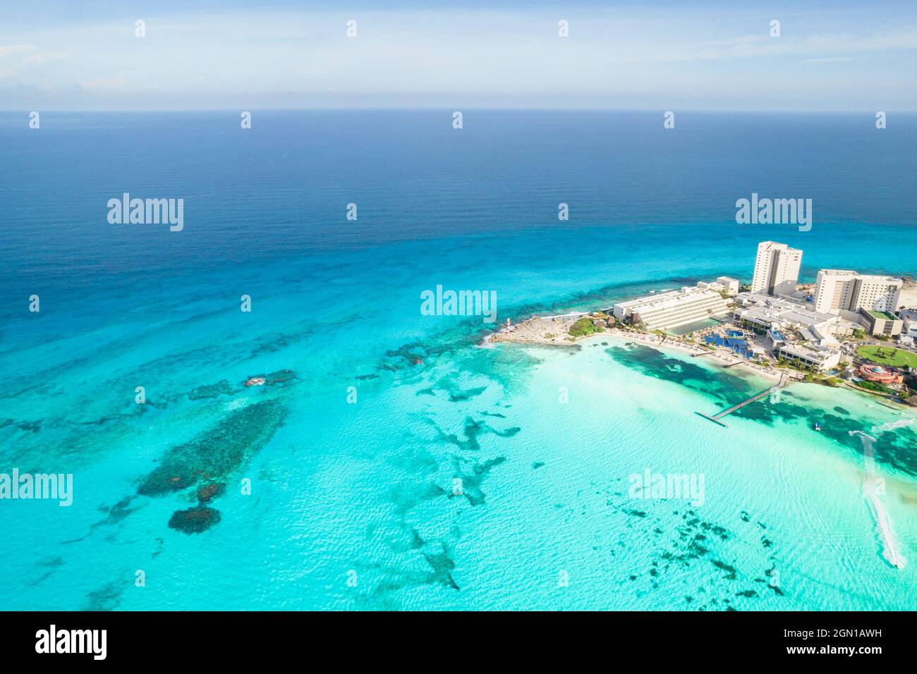 Aerial panoramic view of Cancun beach and city hotel zone in Mexico ...