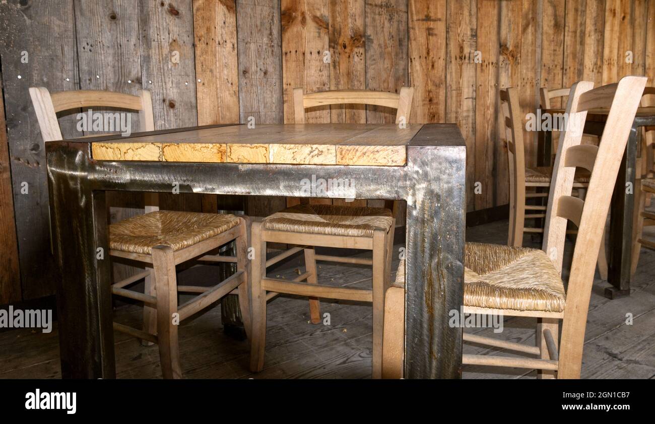 an industrial-style iron and wood table seen from above Stock Photo - Alamy
