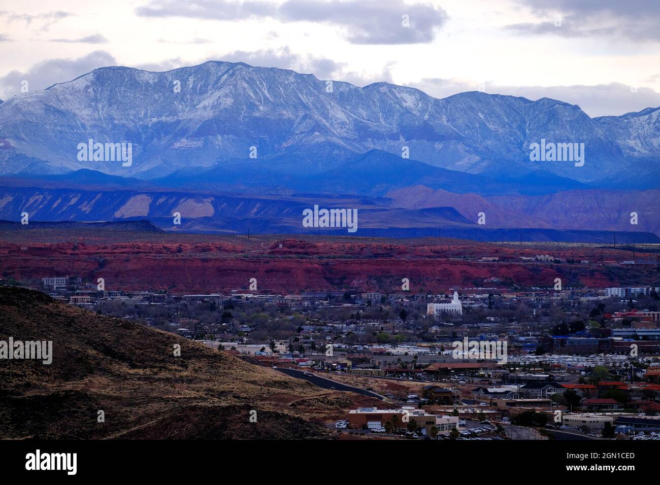 View of St. George Utah valley with Mormon LDS Temple red rocks and ...