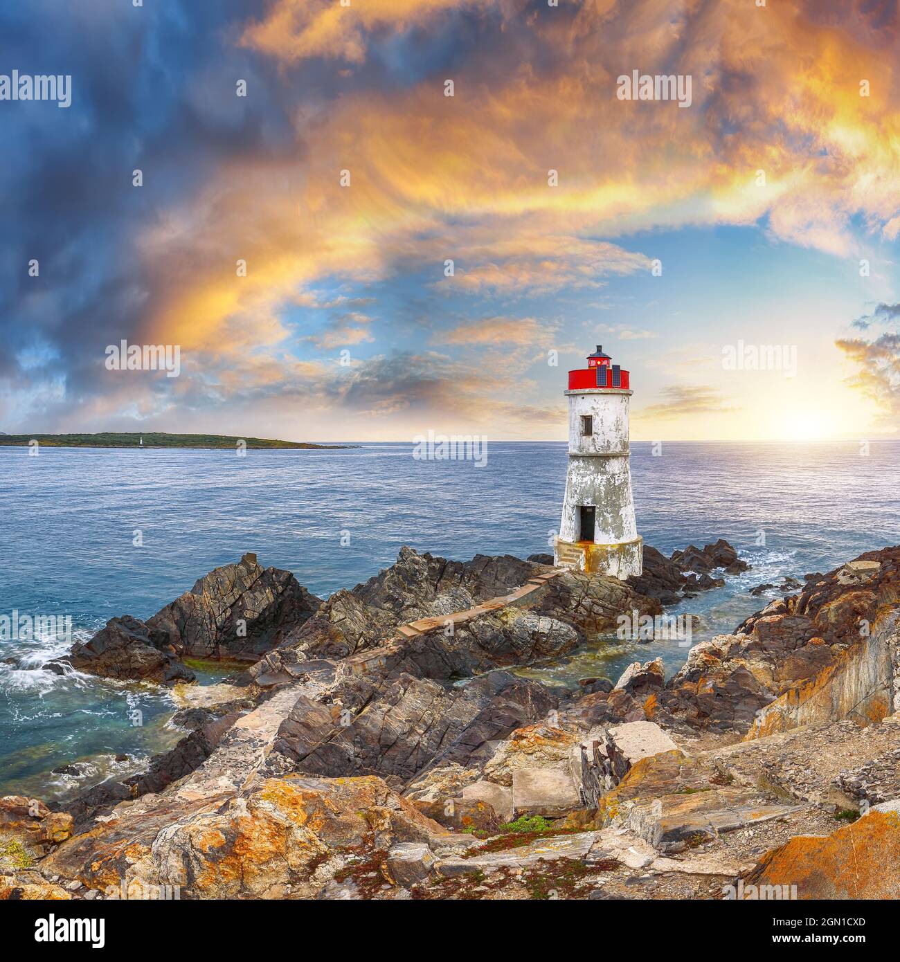 Breathtaking view of sunrise over Capo Ferro Lighthouse. Popular travel ...