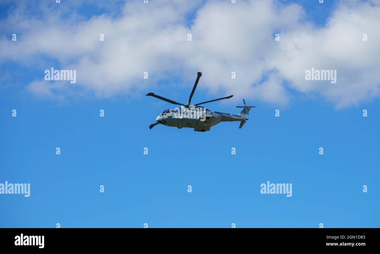 British Royal Navy Agusta-Westland Merlin HM.2 AW101 helicopter flying ...