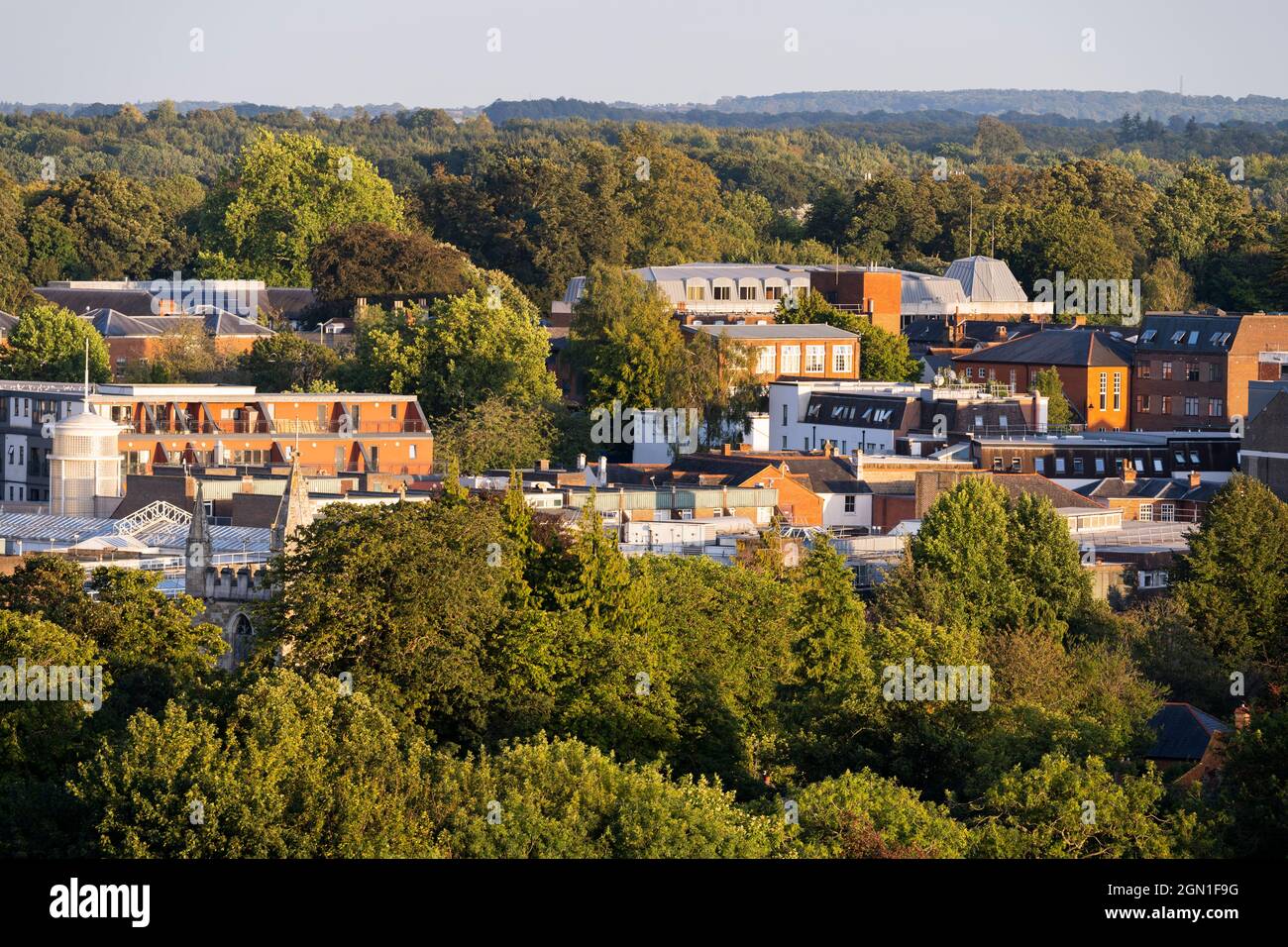 Aerial view on roof tops of buildings bathed in late afternoon summer ...