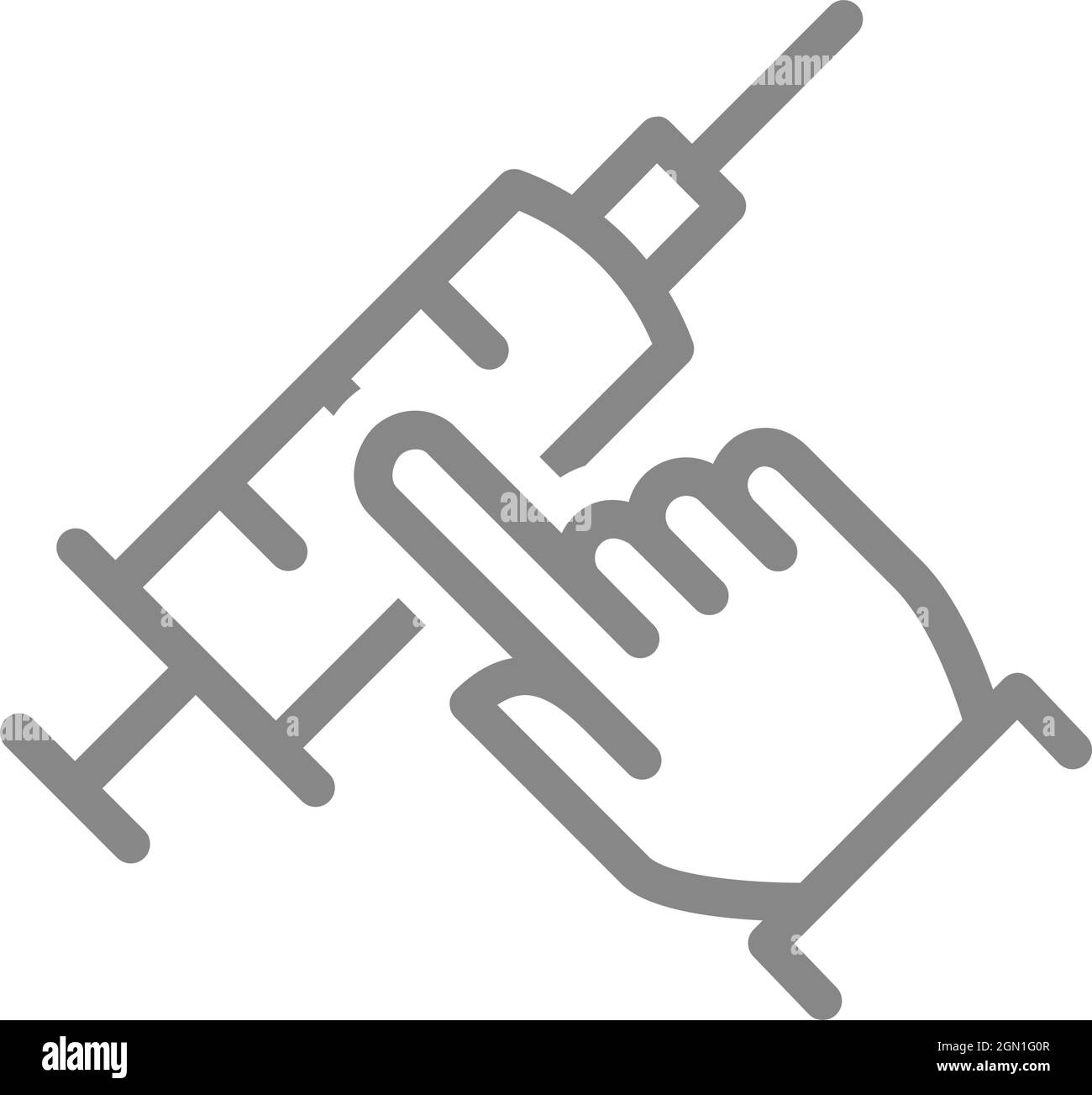 Medical syringe and hand line icon. Vaccination, hand direction ...