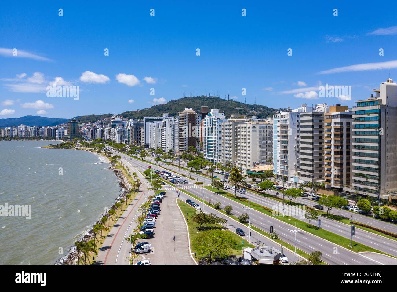 Aerial view of beach promenade and high-rise residential buildings ...