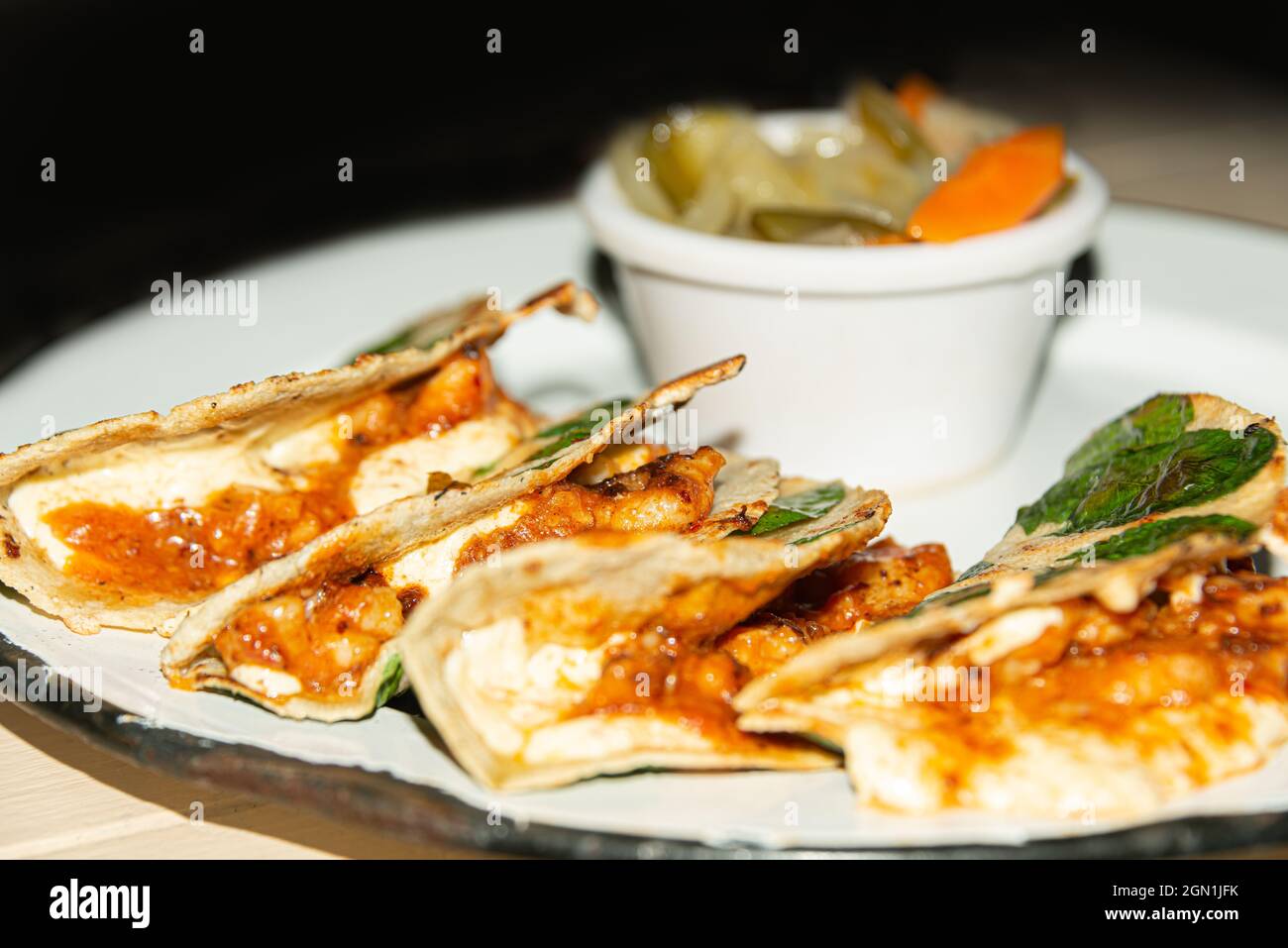 Traditional chipilin and grated shrimp tacos of Chiapas, Mexico Stock ...