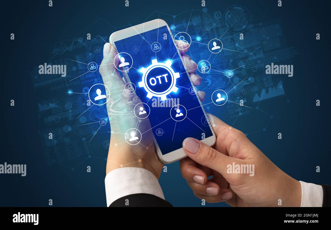 Hand using smartphone with technology concept Stock Photo - Alamy